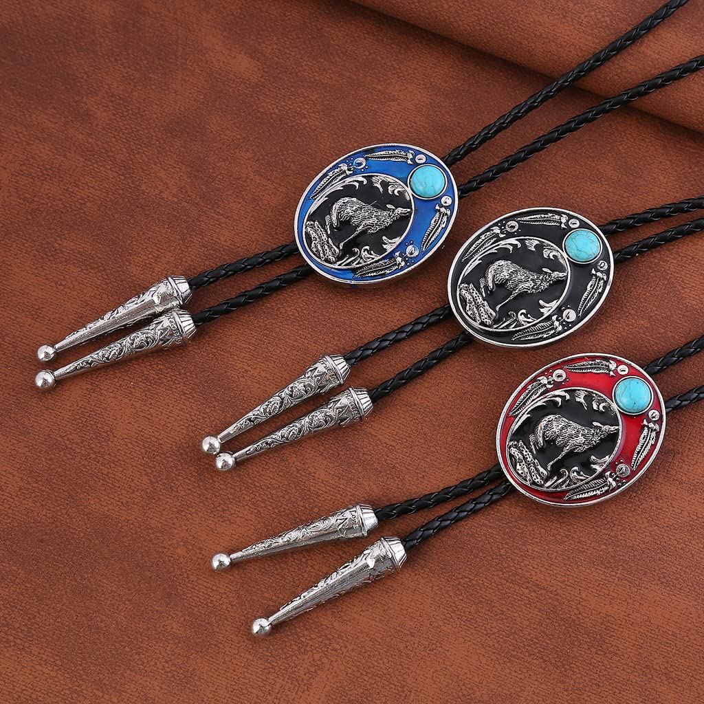 HUABOLA CALYN Bolo tie Turquoise, Native American Western Cowboy Texas Rodeo Howling Wolf Bolo ties for Men