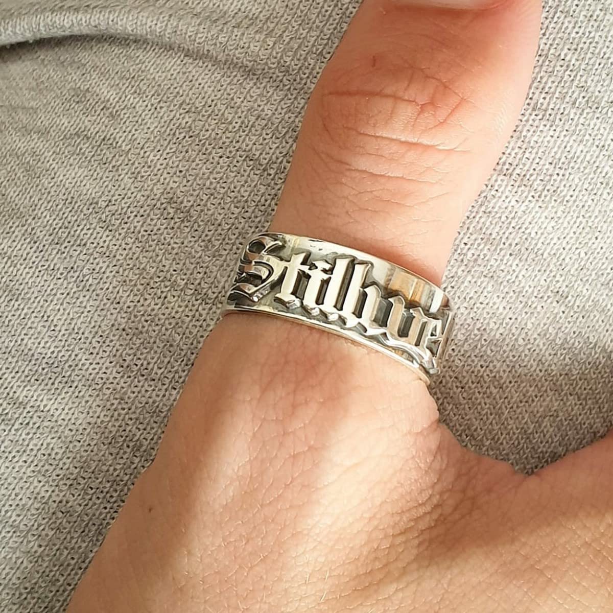 Elefezar Personalized Old English Name Ring 925 Sterling Silver Custom Thick Band Customized Nameplate Ring Silver