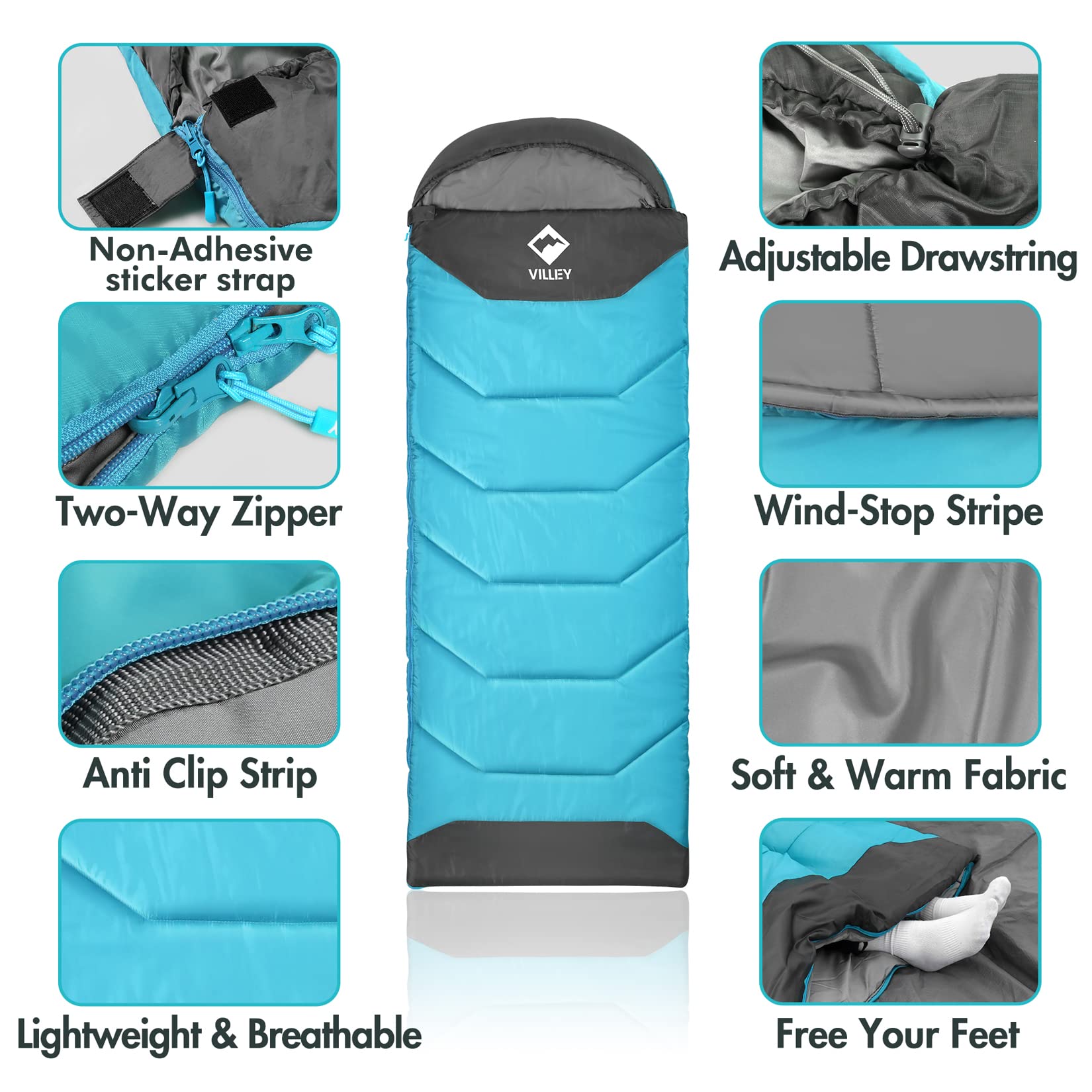 VILLEY Camping Sleeping Bag for Adults Boys and Girls, 3 Season Warm & Cool Weather - Summer, Spring, Fall, Lightweight Compact Backpacking Sleeping Bag for Outdoor, Traveling, Hiking