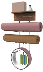 yoga mat holder wall mount,home gym equipment accessories,thick accessories meditation yoga mat,with wood floating shelves and 4 hooks for hanging foam roller and resistance bands at fitness class or