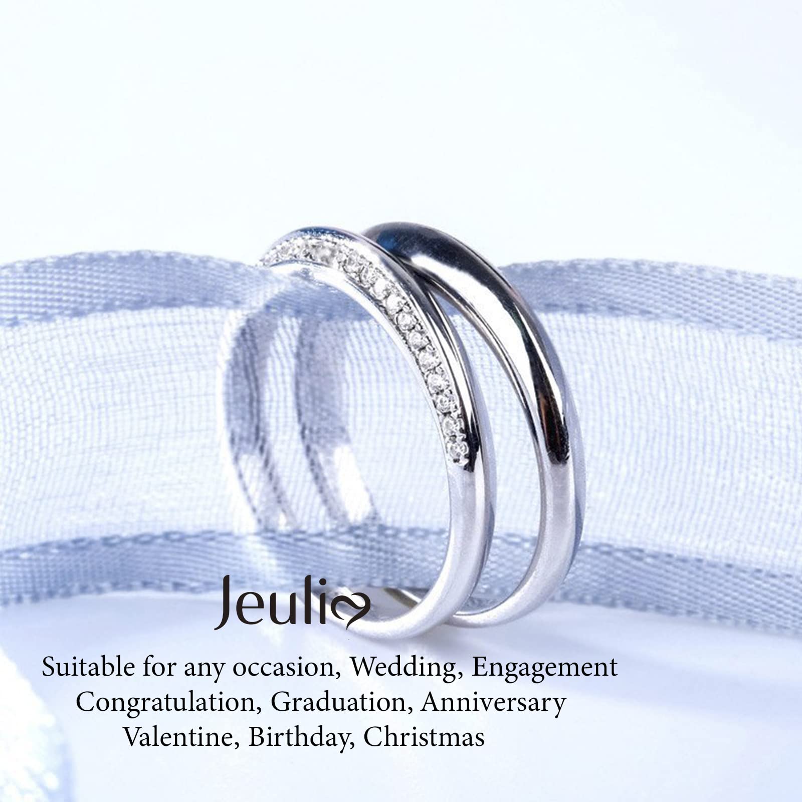 Jeulia Sterling Silver Couple Rings for His and Her Stylish Design Round Cut Matching Anniversary Wedding Diamond Ring Band Engraving Jewelry Set Valentine Day with Gift Box (Women's Band, 8)