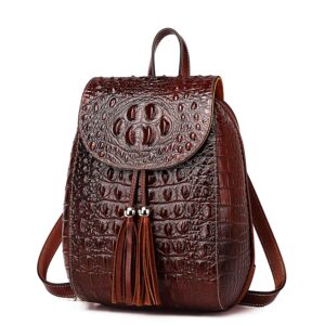 coolcy women small genuine leather backpack purse crocodile designer bag (dark brown)