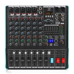 xtuga ts7 professional 7 channel audio mixer with 99 dsp effects,7-band eq,independent 48v phantom power&mute button,bluetooth function,usb interface recording for studio/dj stage/party