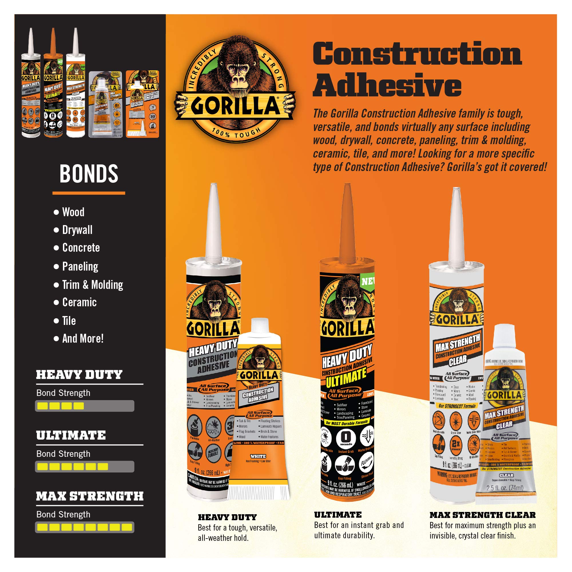 Gorilla Clear Glue and Gorilla Max Strength Clear Construction Adhesive Bundle (2 Pack)