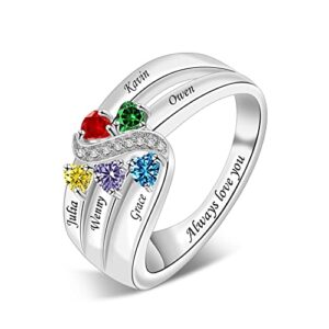 yitub personalized mother ring with 1/2/3/4/5/6 birthstones rings 925 sterling silver mom ring custom engraved family jewelry gifts for women mother's day (1 stone) (stone 6) (stone 5)