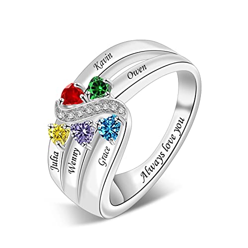 YITUB Personalized Mother Ring with 1/2/3/4/5/6 Birthstones Rings 925 Sterling Silver Mom Ring Custom Engraved Family Jewelry Gifts For Women Mother's Day (1 Stone) (Stone 6) (Stone 5)