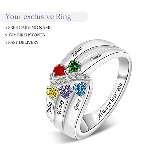 YITUB Personalized Mother Ring with 1/2/3/4/5/6 Birthstones Rings 925 Sterling Silver Mom Ring Custom Engraved Family Jewelry Gifts For Women Mother's Day (1 Stone) (Stone 6) (Stone 5)