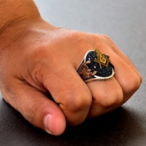 Handcrafted 925 Sterling Silver Men's Freemason Scorpion Ring with Black Agate Gemstone, Masonic Gold Plated King Signet Design, Unique Sterling Silver Ring