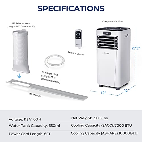 COSTWAY Portable Air Conditioner, 8000BTU Air Cooler with Drying, Fan, Sleep Mode, 2 Speeds, 24H Timer Function, Remote Control, Cools Room up to 230 Sq. ft, Air Cooling Fan for Home & Office Use, Window Kit Included, White(8000BTU)