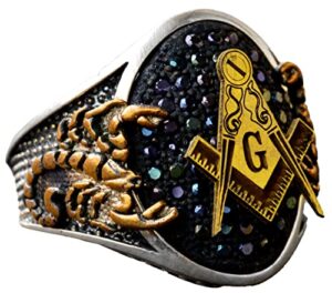 handcrafted 925 sterling silver men's freemason scorpion ring with black agate gemstone, masonic gold plated king signet design, unique sterling silver ring