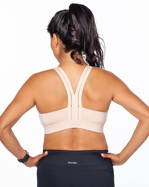 Handful Women's Y-Back Maximum Support Racerback Sports Bra with Removable Pads, Wire Free Yoga Bra, Have It All Honey, Large