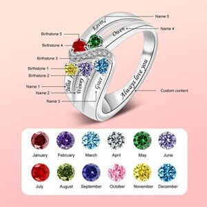 YITUB Personalized Mother Ring with 1/2/3/4/5/6 Birthstones Rings 925 Sterling Silver Mom Ring Custom Engraved Family Jewelry Gifts For Women Mother's Day (1 Stone) (Stone 6) (Stone 5)