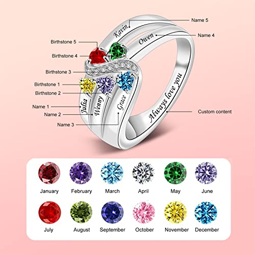 YITUB Personalized Mother Ring with 1/2/3/4/5/6 Birthstones Rings 925 Sterling Silver Mom Ring Custom Engraved Family Jewelry Gifts For Women Mother's Day (1 Stone) (Stone 6) (Stone 5)