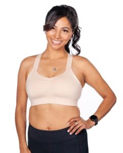 handful women's y-back maximum support racerback sports bra with removable pads, wire free yoga bra, have it all honey, large