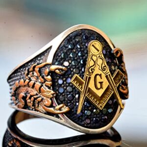 Handcrafted 925 Sterling Silver Men's Freemason Scorpion Ring with Black Agate Gemstone, Masonic Gold Plated King Signet Design, Unique Sterling Silver Ring