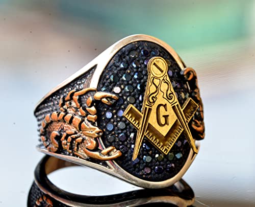 Handcrafted 925 Sterling Silver Men's Freemason Scorpion Ring with Black Agate Gemstone, Masonic Gold Plated King Signet Design, Unique Sterling Silver Ring