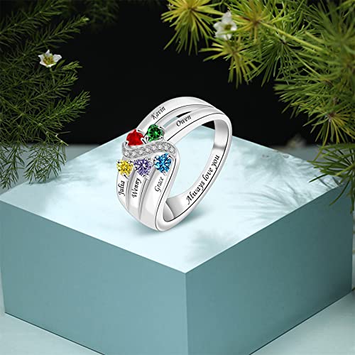 YITUB Personalized Mother Ring with 1/2/3/4/5/6 Birthstones Rings 925 Sterling Silver Mom Ring Custom Engraved Family Jewelry Gifts For Women Mother's Day (1 Stone) (Stone 6) (Stone 5)