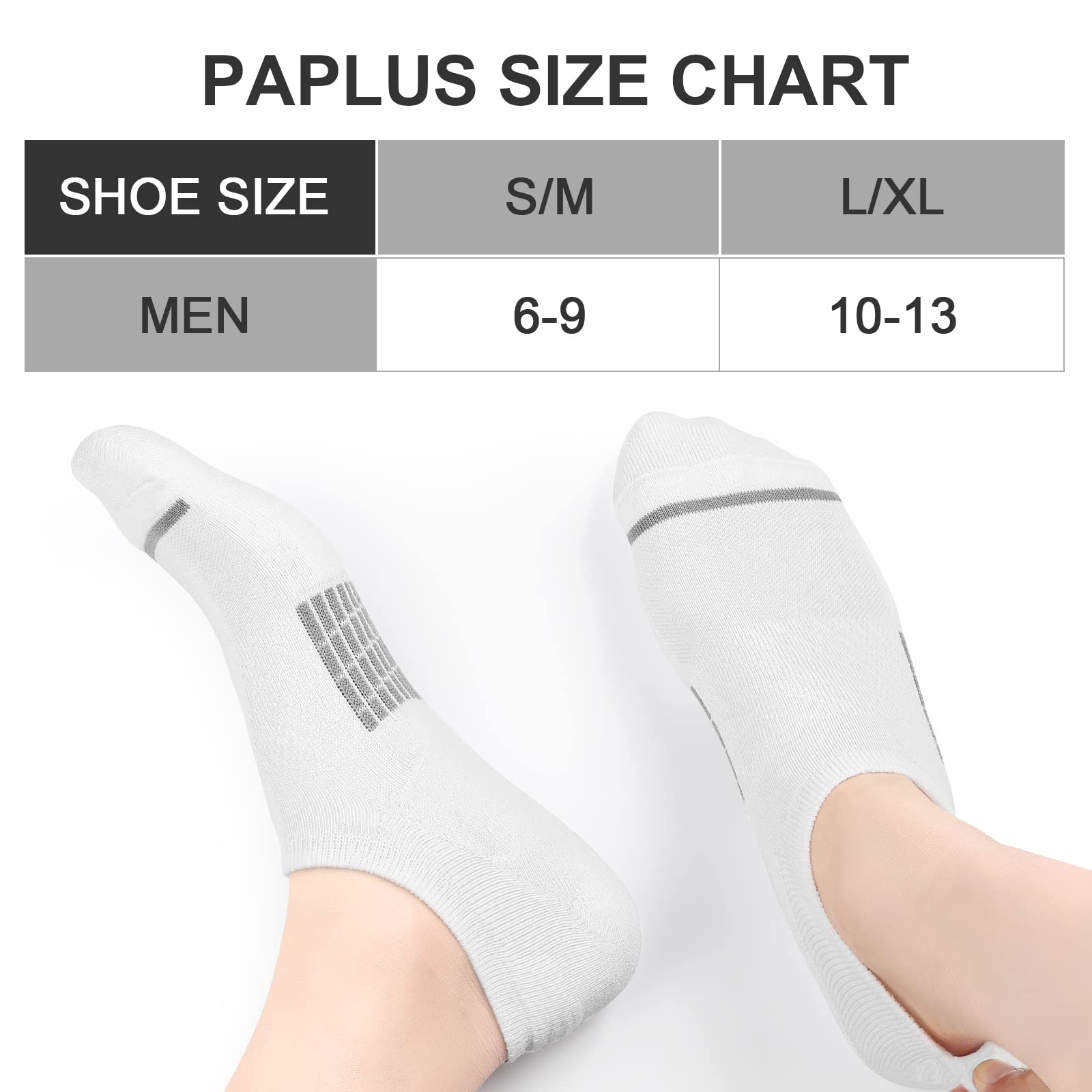 PAPLUS No Show Socks Men 6 Pairs, Non Slip Cushioned Low Cut Ankle Sock with Arch Support, Size 10-13