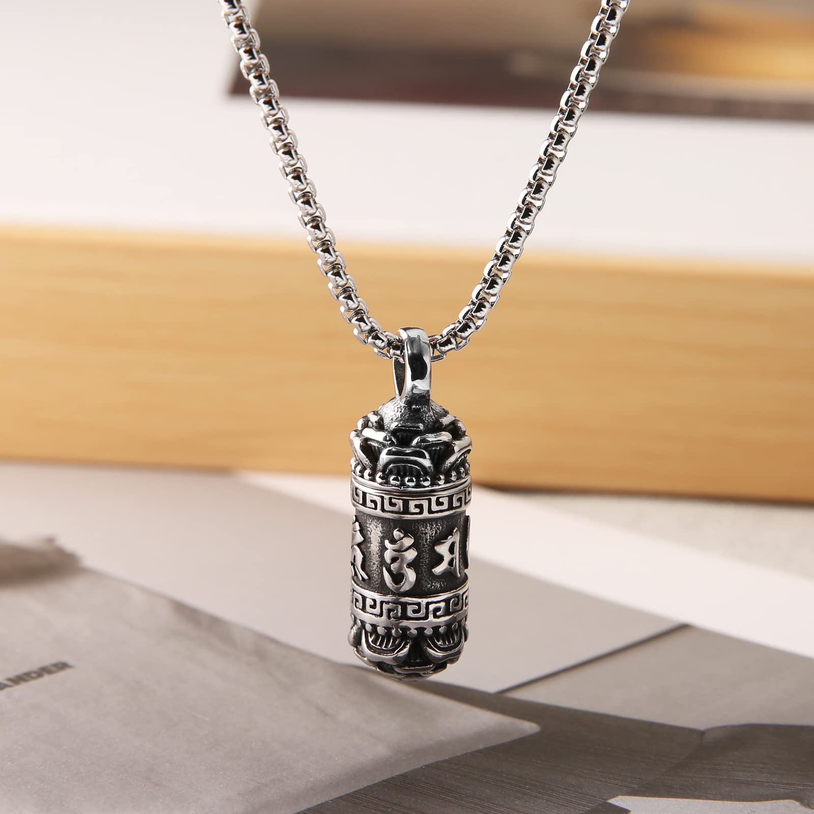 STWTR Tibetan Buddhist Meditation Stainless Steel Pendant Memorial Cremation Ash Pill Container Necklace Men's Ladies Comes with 23.6" Chain