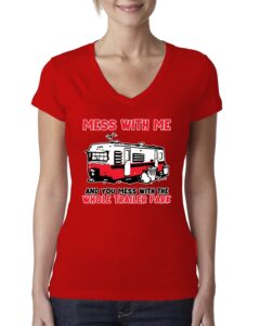 mess with me & you mess with the whole trailer park cars and trucks womens junior fit v-neck tee, red, xx-large