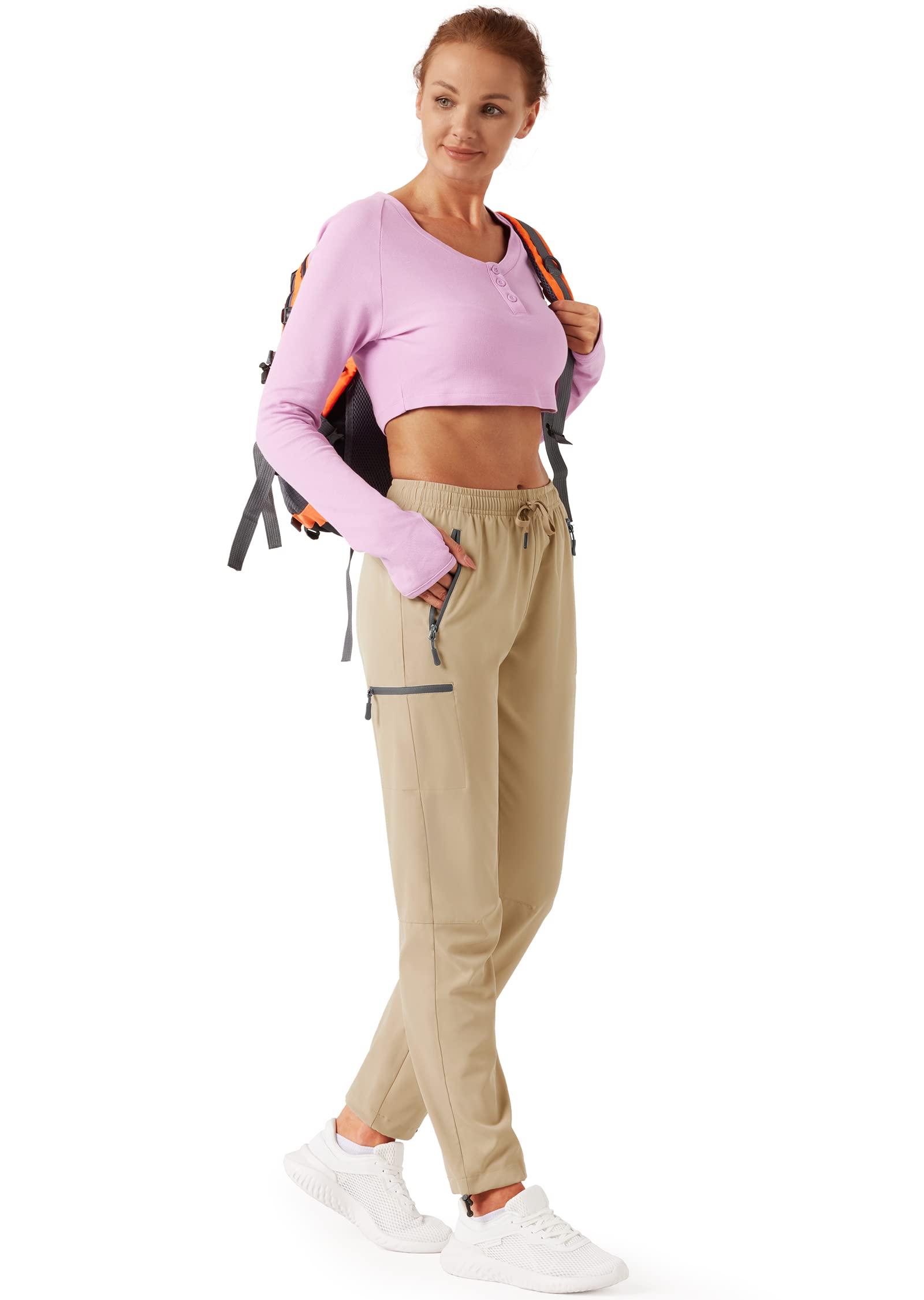 Women's Hiking Cargo Pants Outdoor Lightweight Quick Dry Water Resistant UPF 50+ Capris Pants with Zipper Pockets Khaki M