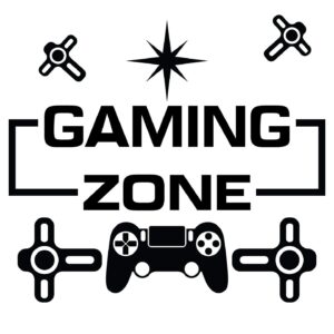 gaming zone black and white art for game room vinyl wall decal - entry banner for gamers with ps coner and star artwork for bedroom wall decoration - 28" x 22"