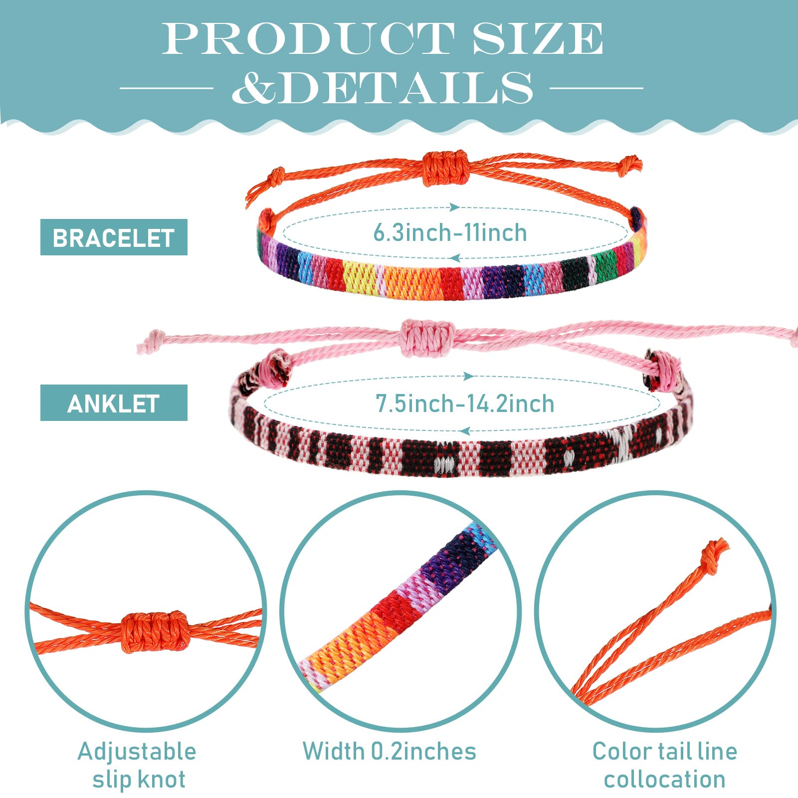 16 Pcs Boho Surfer Ankle Bracelet Set Surfer Bracelet Adjustable Waterproof Ethnic Bracelet Unisex Handmade Braided Bracelets Beach Colorful Thin String Rope Jewelry Festival Clothes Accessories