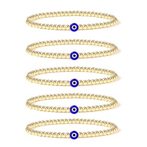 evil eye luck gold beaded protection mal de ojo blue eye bracelets for women gifts for bestfriends, mother, family members, siblings, sister（5pcs)