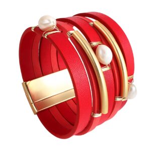 hotoo baroque natural pearls bracelets boho red leather wrap bracelets for women gold tube bohemian multi-layer cuff bracelet bangle with buckle jewelry gifts