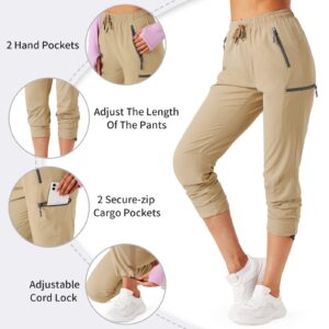 Women's Hiking Cargo Pants Outdoor Lightweight Quick Dry Water Resistant UPF 50+ Capris Pants with Zipper Pockets Khaki M