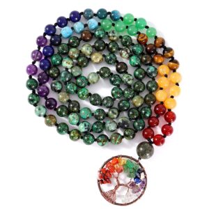 bivei 108 mala beads necklace tree of life 7 chakra wrap bracelet real healing gemstone yoga meditation hand knotted mala prayer bead necklace(african turquoise 8mm)