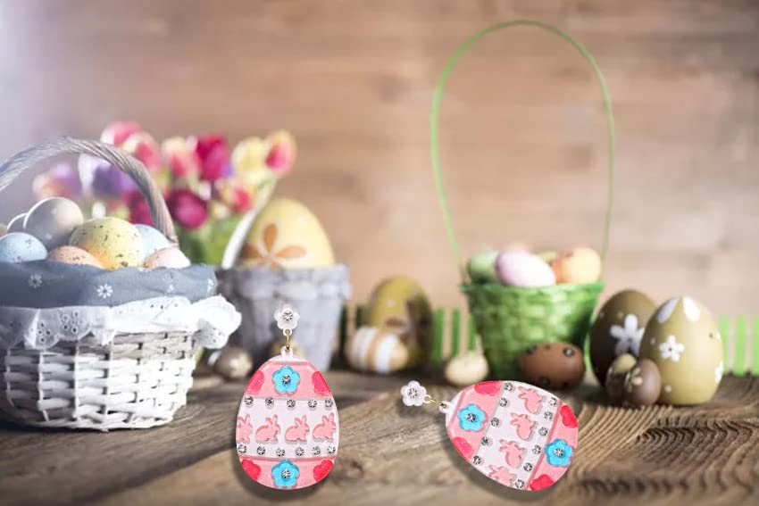 Easter Earrings Rhinestone Colorful Easter Egg Drop Dangle stud Earrings acrylic Egg and Bunny Earring for Women Holiday Party Jewelry (Pink)