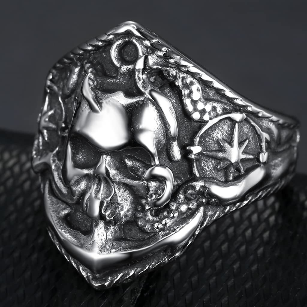 Jude Jewelers Stainless Steel Antique Vintage Gothic Skull Pirate Sailor Biker Halloween Party School Ring (Silver, 10)