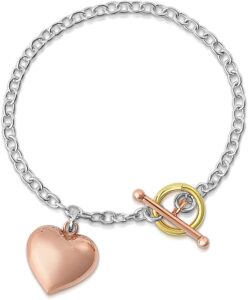 savlano 925 sterling silver 14k gold plated italian toggle heart charm bracelet comes with gift box for women - made in italy (tri color)