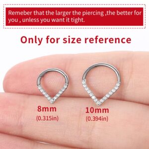 VOJO G23 Titanium Teardrop Septum Ring Daith Piercing Earrings Jewelry Tragus Helix Nose Rings for Women (10mm，CZ Silver)