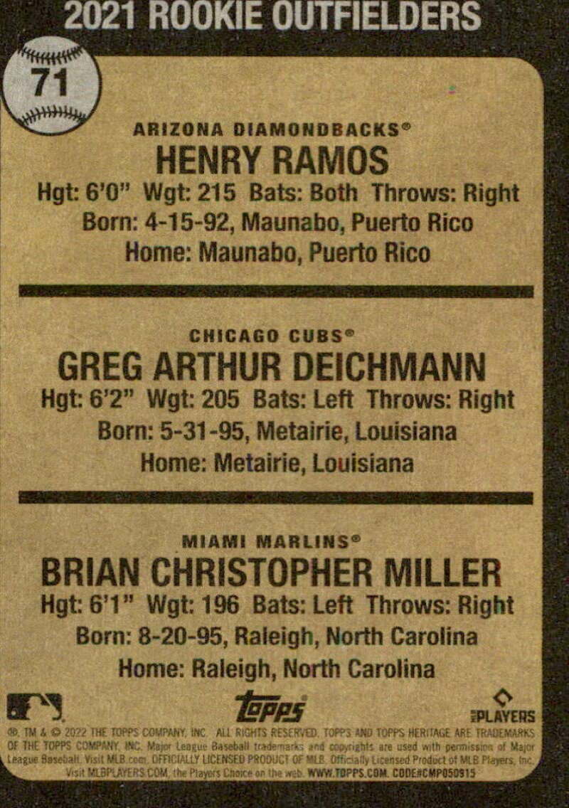 2022 Topps Heritage #71 Henry Ramos/Brian Miller/Greg Deichmann NM-MT RC Rookie Arizona Diamondbacks/Miami Marlins/Chicago Cubs Baseball