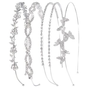 wecoe 4 pack silver rhinestone headband flower girl bridal wedding headband crystal headpiece flower leaf butterfly metal headband little girls kids crown tiara hair accessories for women girls gifts