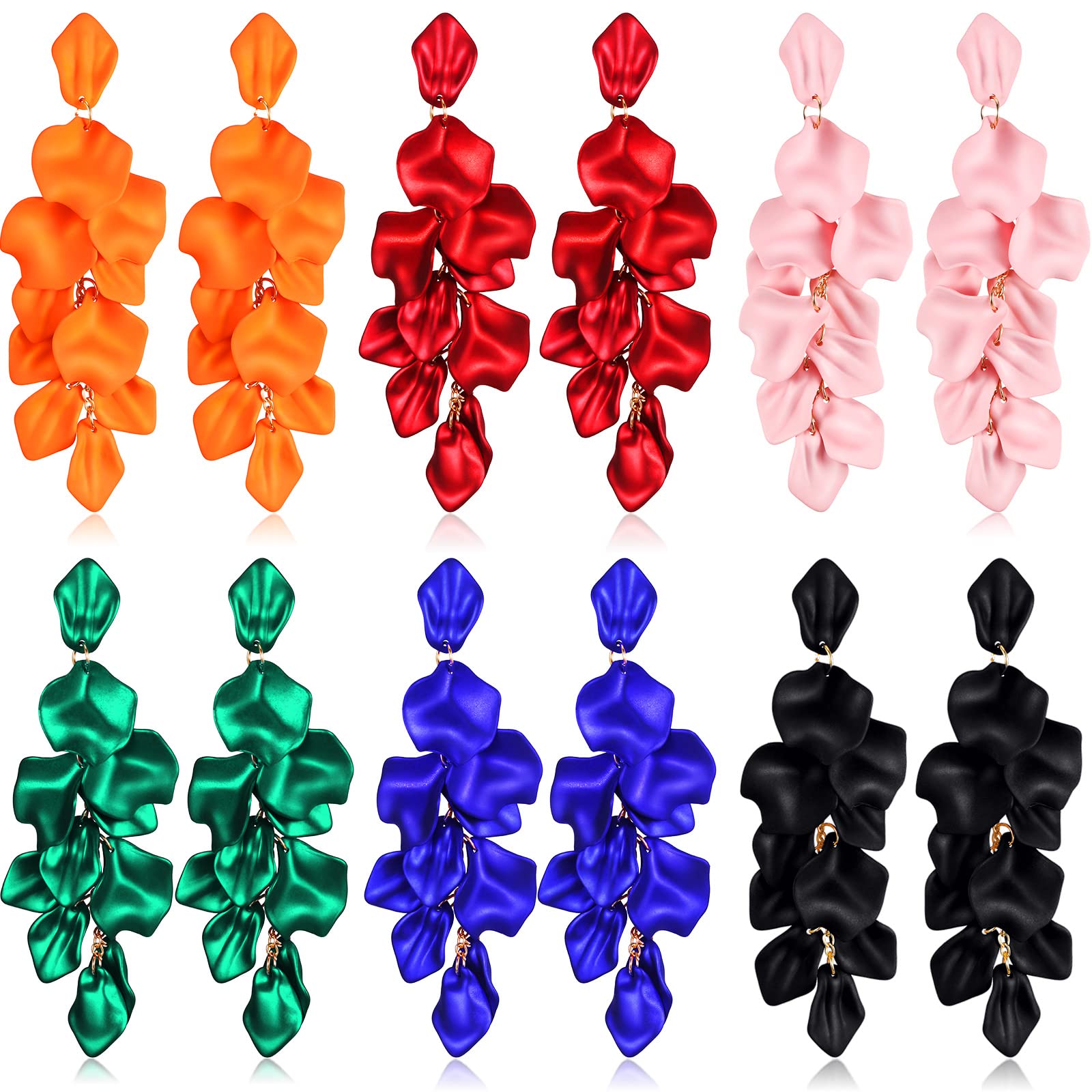 6 Pairs Long Acrylic Rose Petal Drop Dangle Earrings Bohemian Resin Multicolored Flower Statement Floral Tassel Earrings Layered Floral Petal Earrings for Women Bridal Prom Gifts (Long Style)