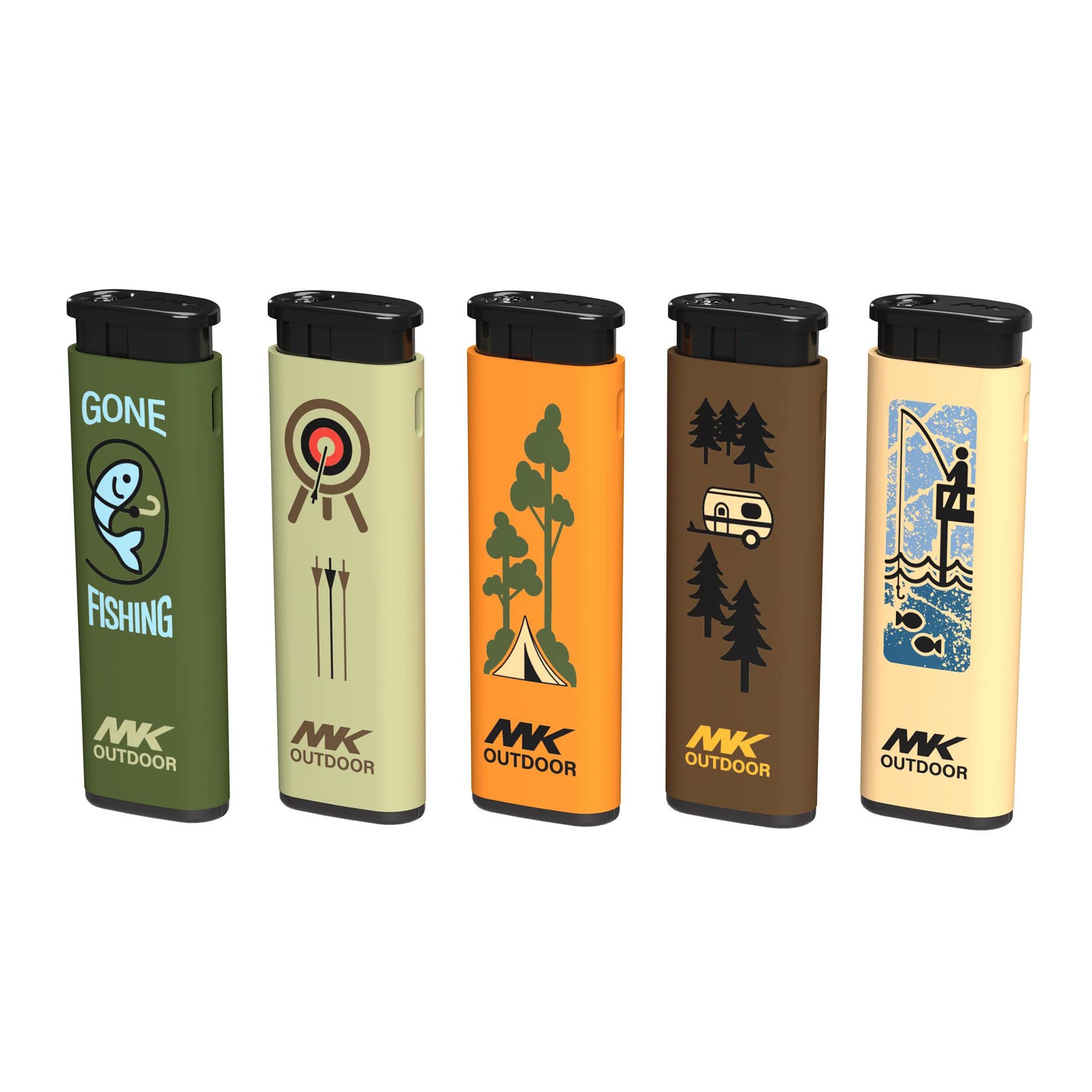 MK Lighter Outdoor Series Alpine Set 5-Pack Assorted Design Multipurpose Refillable, Windproof Flame, Slip Guard Candle & BBQ, Prepping & Camping Supplies, Survival Lighters (Explore)