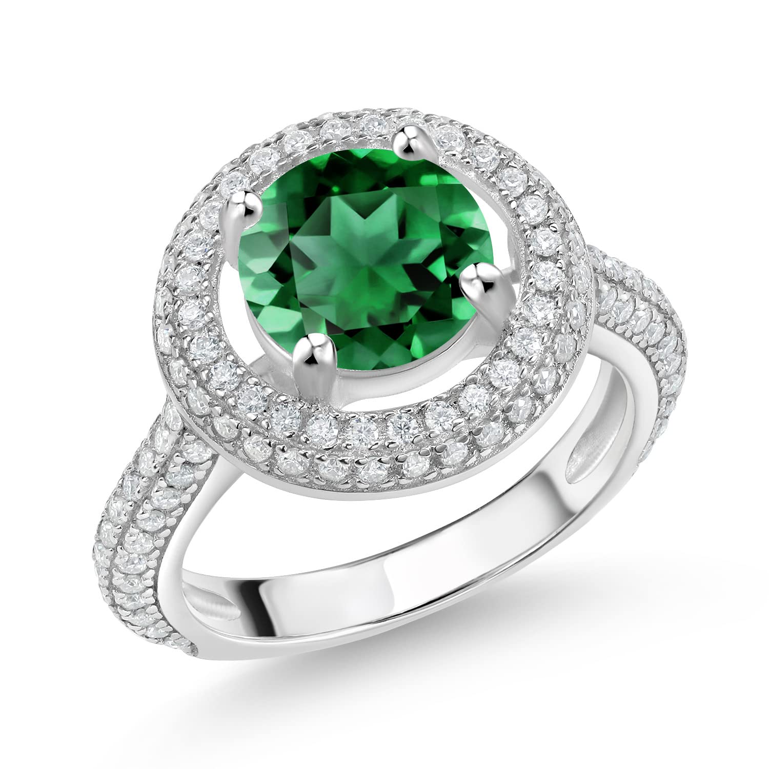 Gem Stone King 2.32 Cttw Nano Emerald and White Moissanite Engagement Ring For Women In 925 Sterling Silver | Round 8MM | Available In Size 5, 6, 7, 8, 9