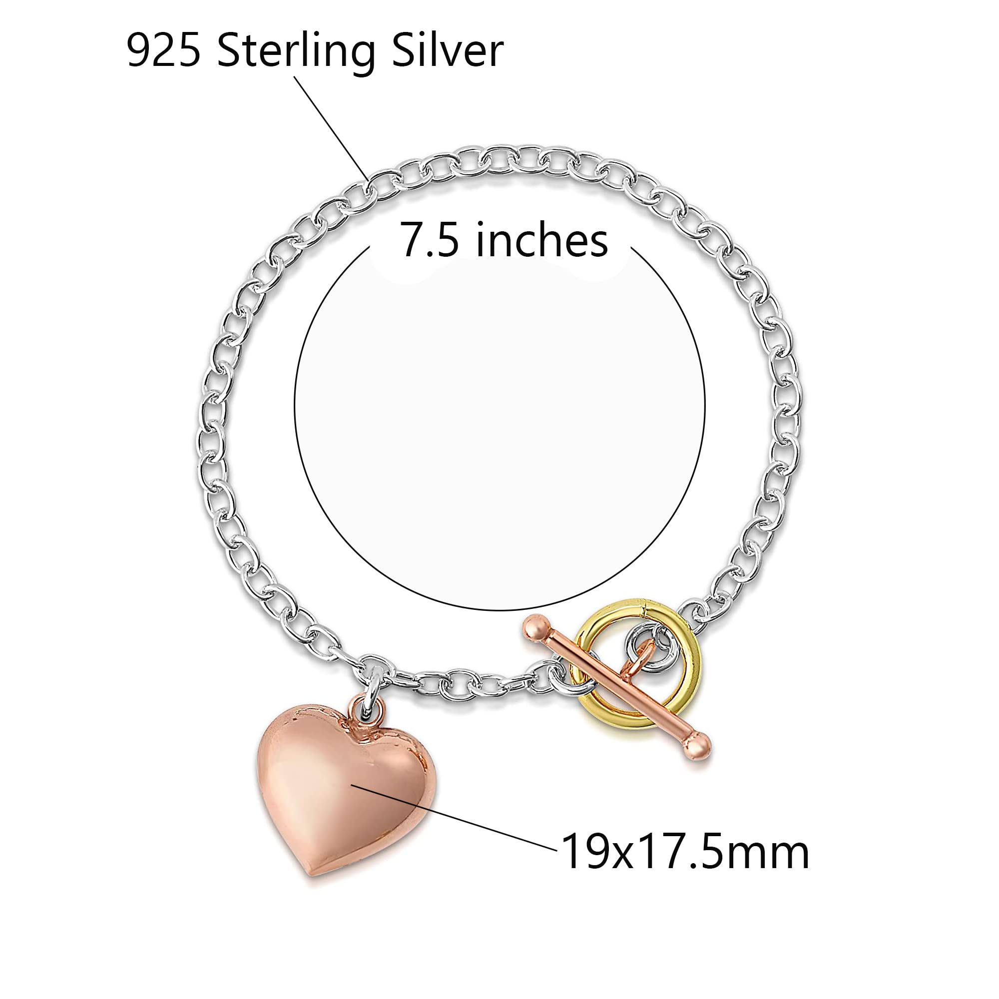 Savlano 925 Sterling Silver 14K Gold Plated Italian Toggle Heart Charm Bracelet Comes With Gift Box for Women - Made in Italy (Tri Color)