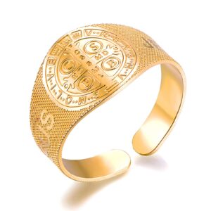 jajafook stainless steel jesus st. benedict st. signet ring st. signet ring opening adjustable ring religious jewelry-gold