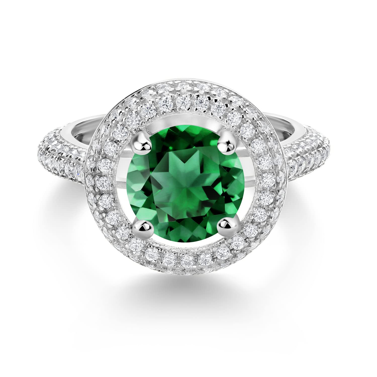 Gem Stone King 2.32 Cttw Nano Emerald and White Moissanite Engagement Ring For Women In 925 Sterling Silver | Round 8MM | Available In Size 5, 6, 7, 8, 9