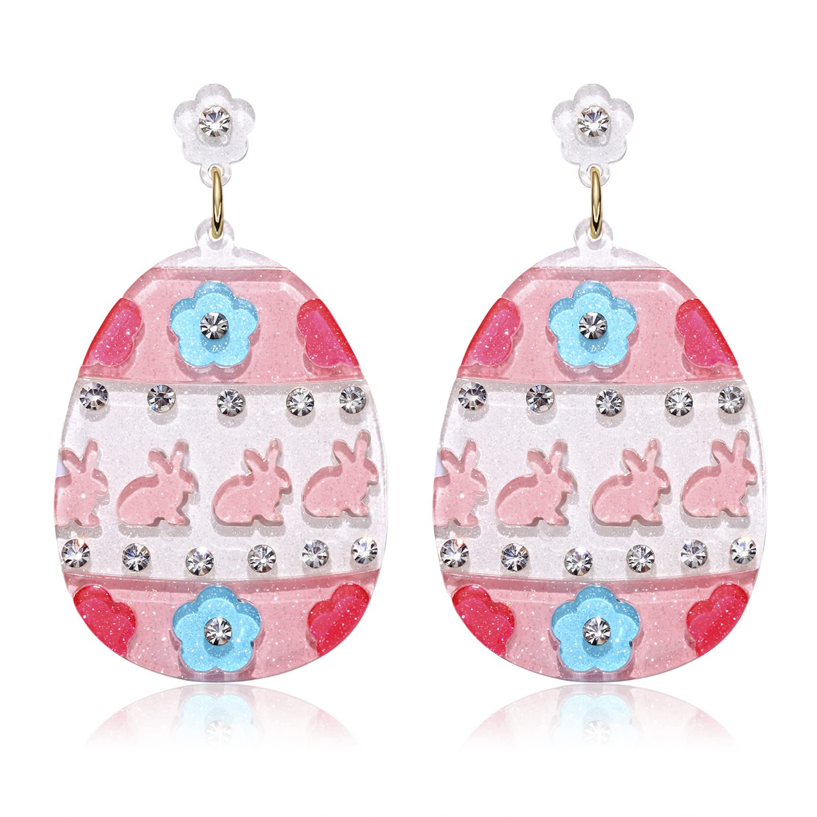 Easter Earrings Rhinestone Colorful Easter Egg Drop Dangle stud Earrings acrylic Egg and Bunny Earring for Women Holiday Party Jewelry (Pink)