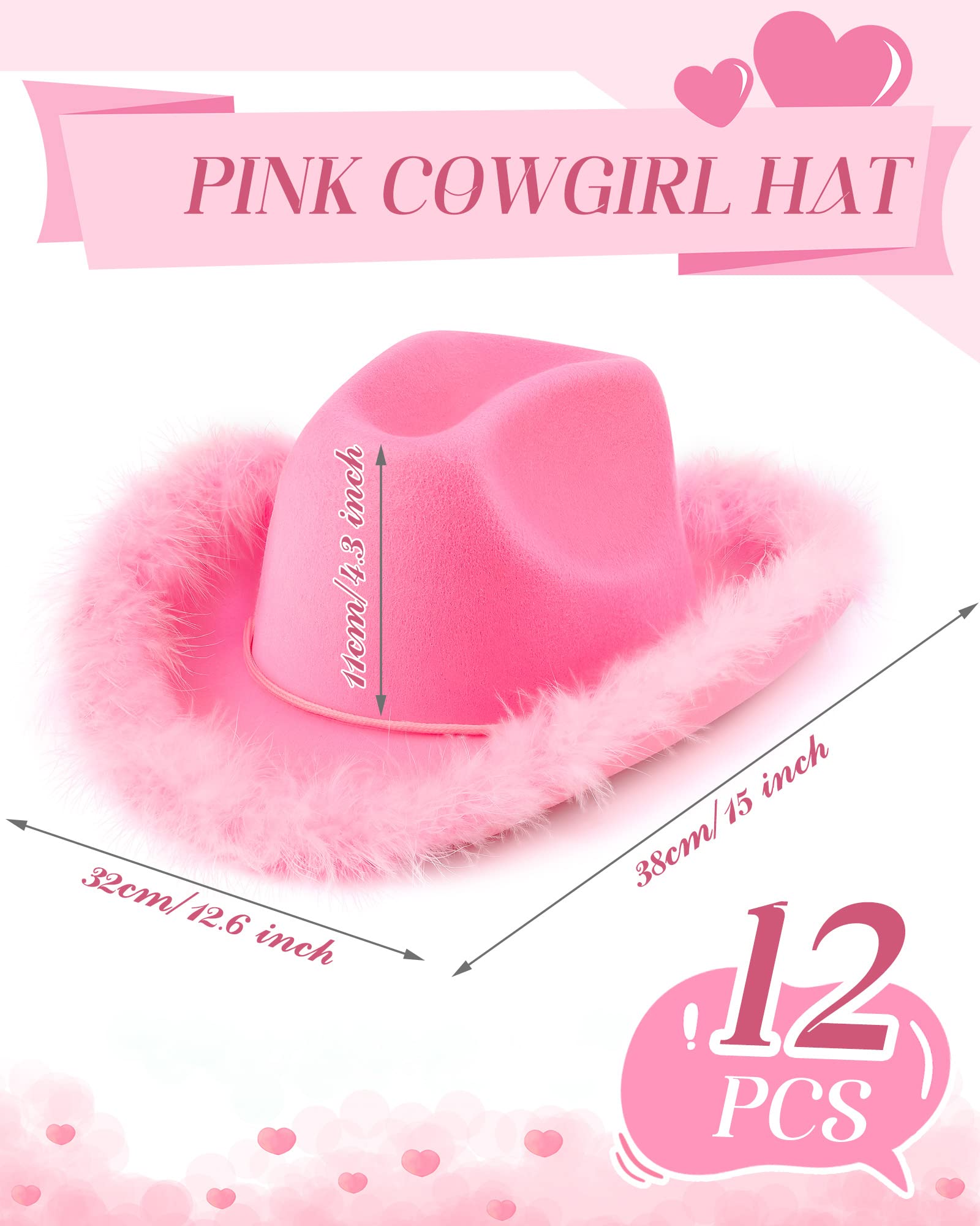 Tarpop 12pcs Cowgirl Hat Bulk with Feather Boa Cowgirl Hat for Women Wedding Bachelorette Party Costume Accessory(Pink)