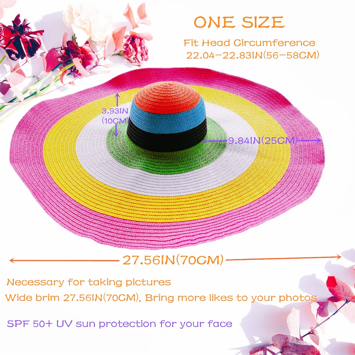 Oversized Beach Hat Women, Summer Vacation Extra Large Wide Brim Packable Floppy Big Sun Straw Hats for Women Foldable, Colorful