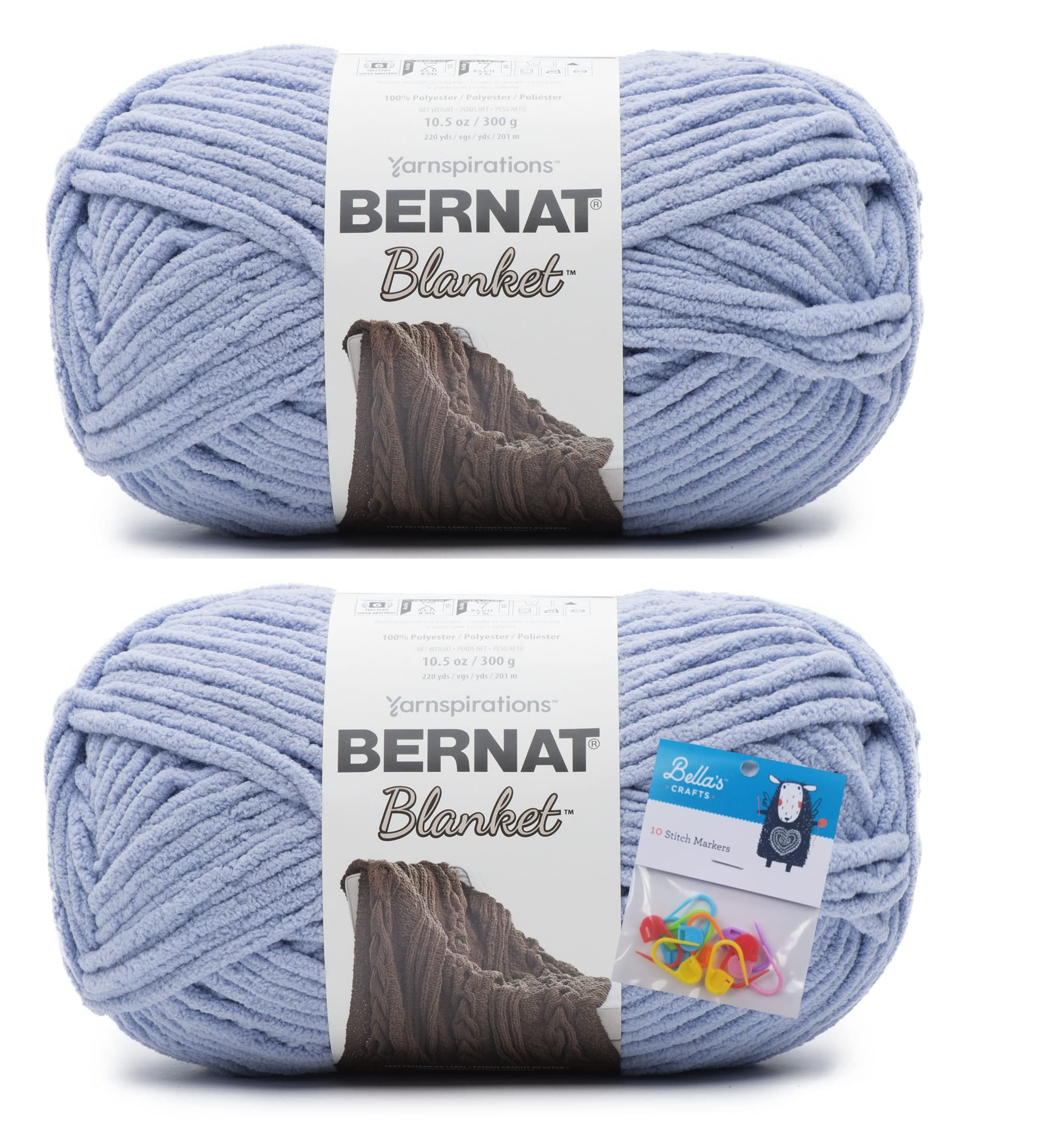 Bernat Yarn Bernat Blanket Yarn - Big Ball (10.5 oz) - Smokey Blue - 2 Pack Bundle with Bella's Crafts Stitch Markers