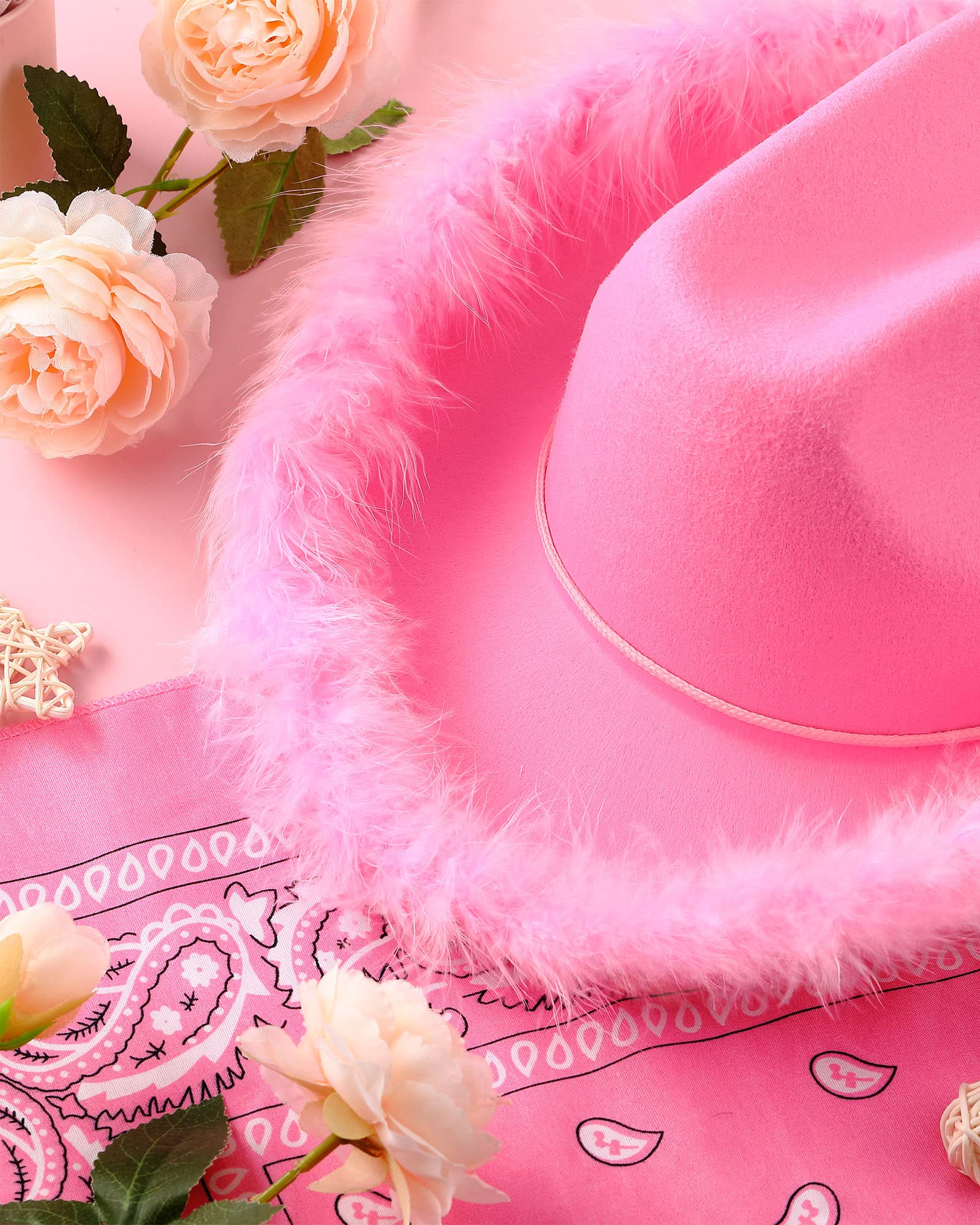 Tarpop 12pcs Cowgirl Hat Bulk with Feather Boa Cowgirl Hat for Women Wedding Bachelorette Party Costume Accessory(Pink)