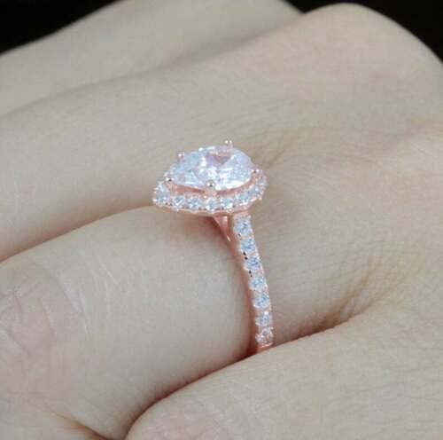 PVN Jewels Pear Shaped Created Morganite CZ Halo Engagement Promise Ring 14K Rose Gold Plated 925 Silver 9