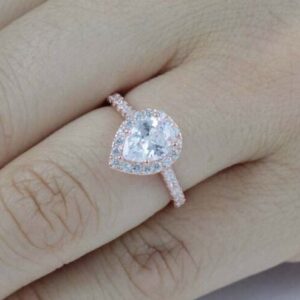 PVN Jewels Pear Shaped Created Morganite CZ Halo Engagement Promise Ring 14K Rose Gold Plated 925 Silver 9